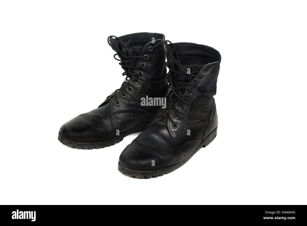 Black combat men boot, black Military boots at Through use, isolated ...