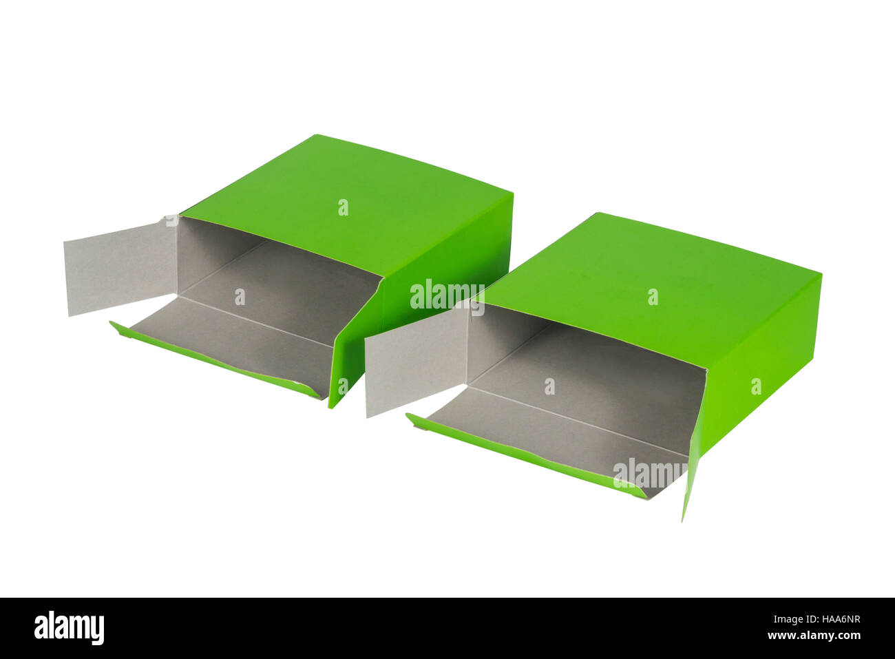 Two green Box with lid open or green paper package box isolated on ...
