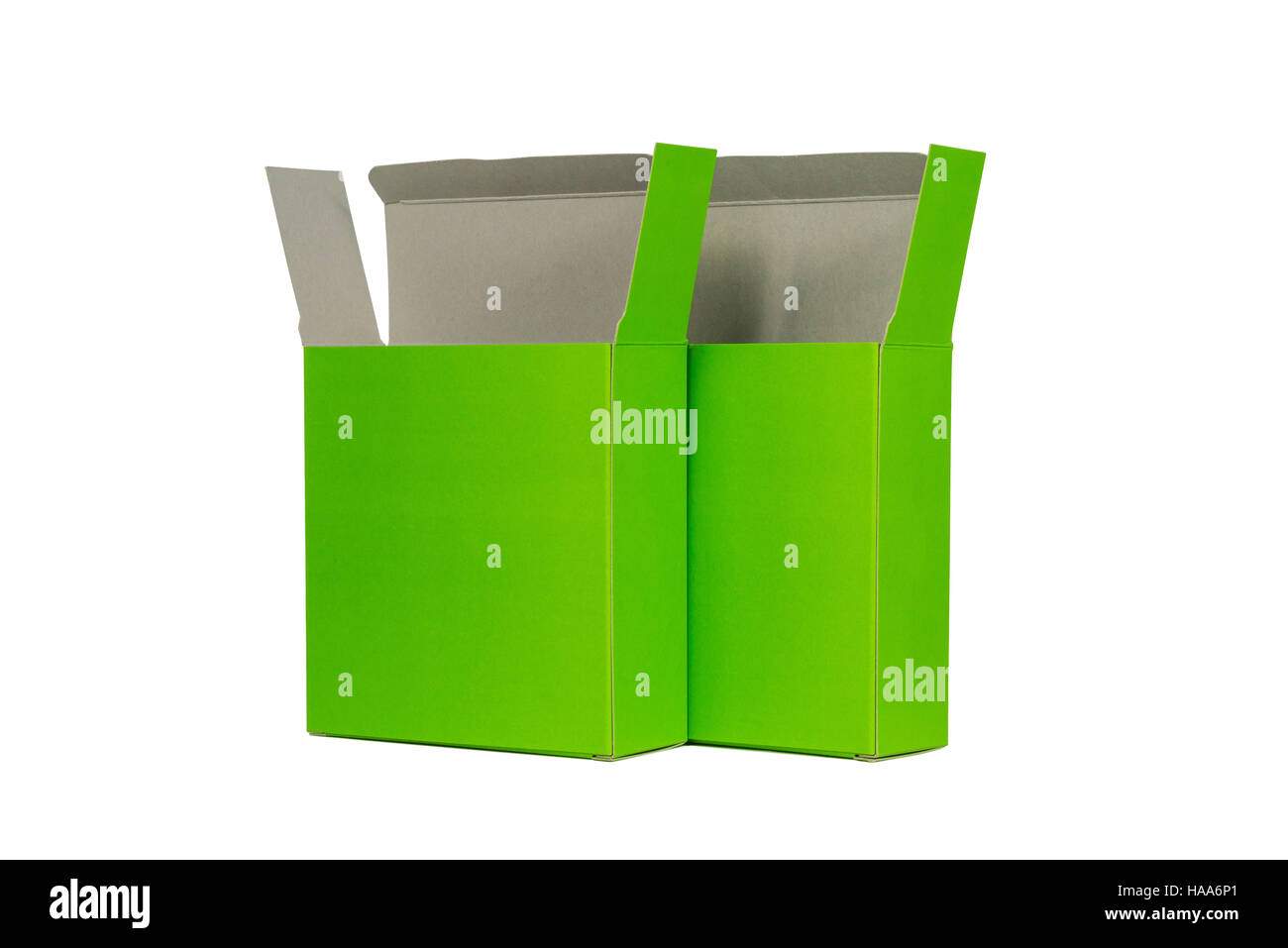 Two green Box with lid open or green paper package box isolated on ...