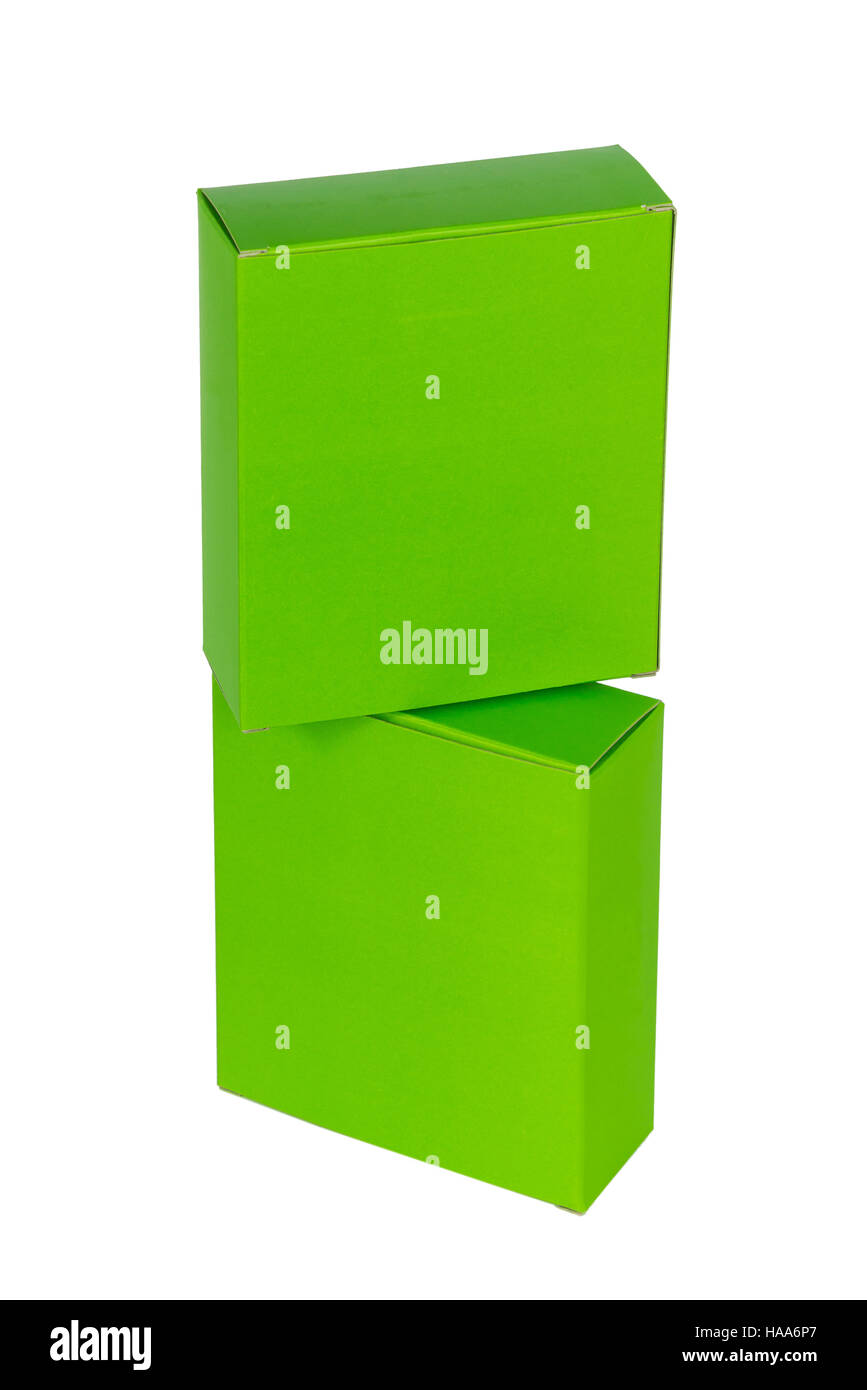 Green boxes stacked or green paper package box isolated on White ...