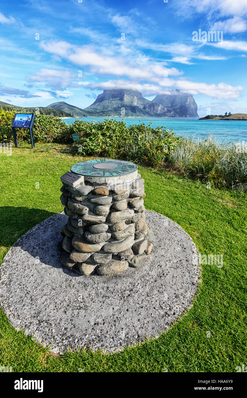 Sundial overlooking The Lagoon, with Mt Gower and Mt Lidgbird in the ...