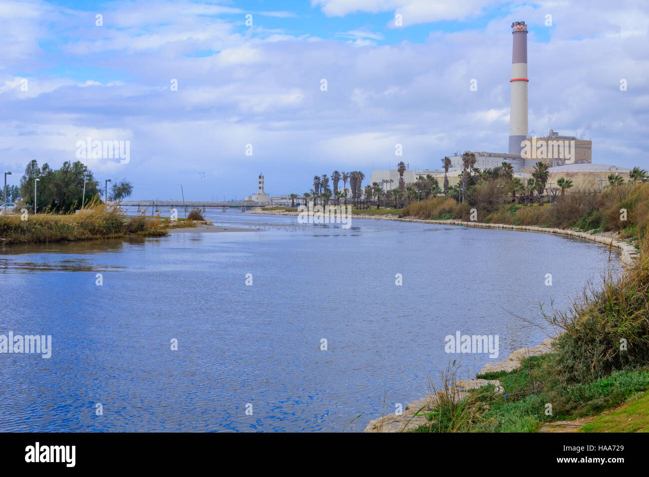 Winter scene with the Yarkon stream, Reading Power Station, lighthouse ...