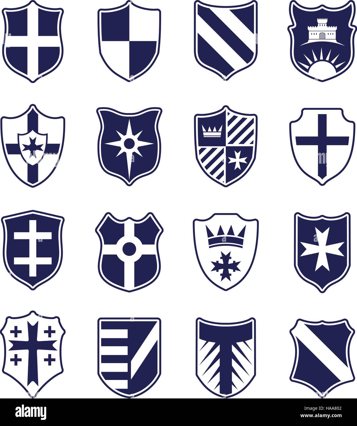Set of blue heraldic shields with emblems isolated on white background ...