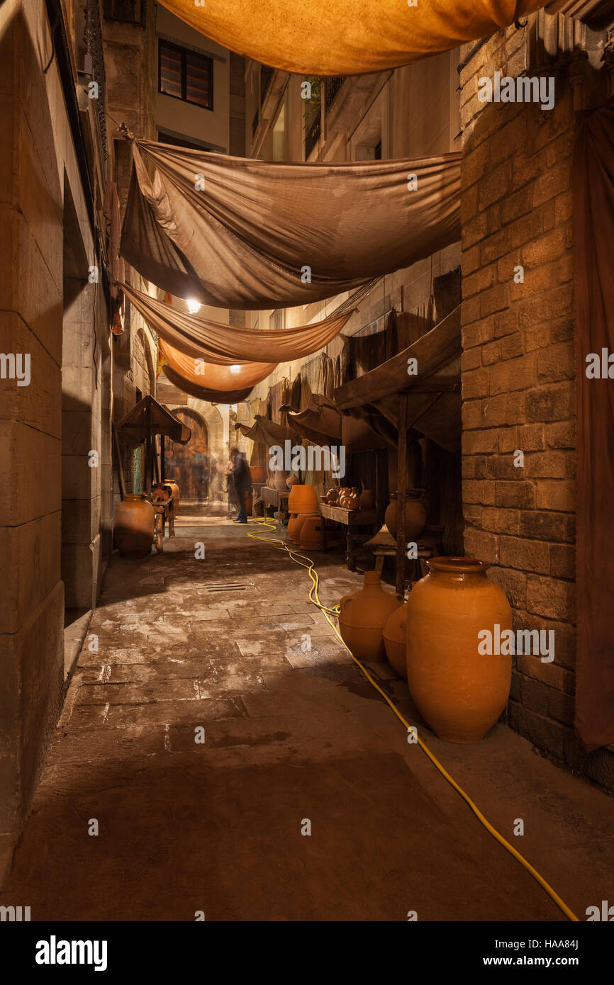 City of Barcelona by night in Catalonia, Spain, Old Town, Gothic ...