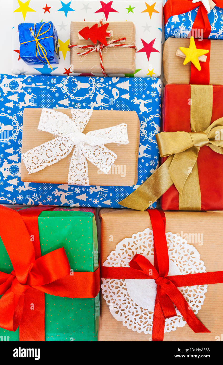 many of gift boxes isolated top view Stock Photo - Alamy