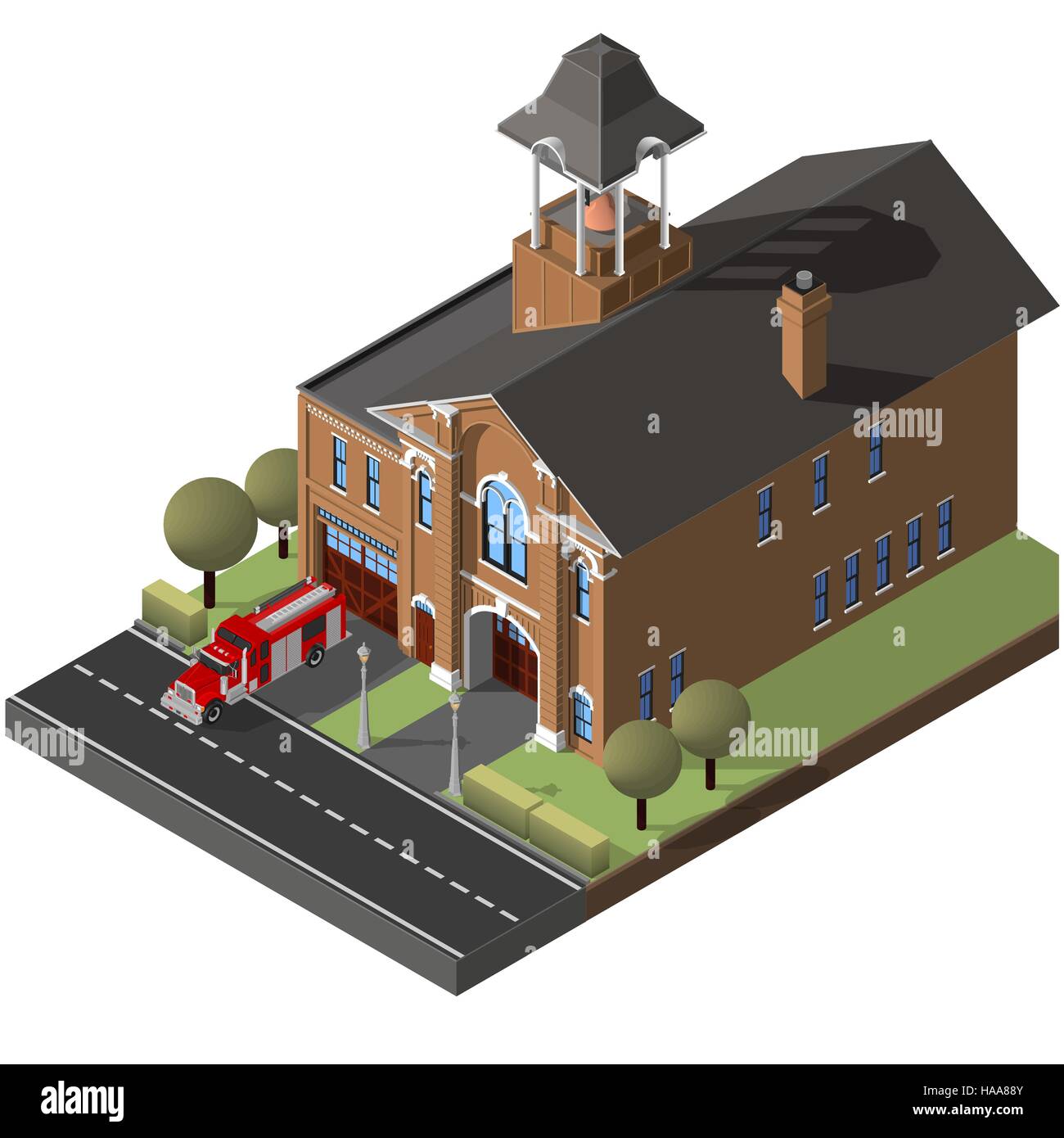 A vector illustration of an isometric firehouse and firetruck ...