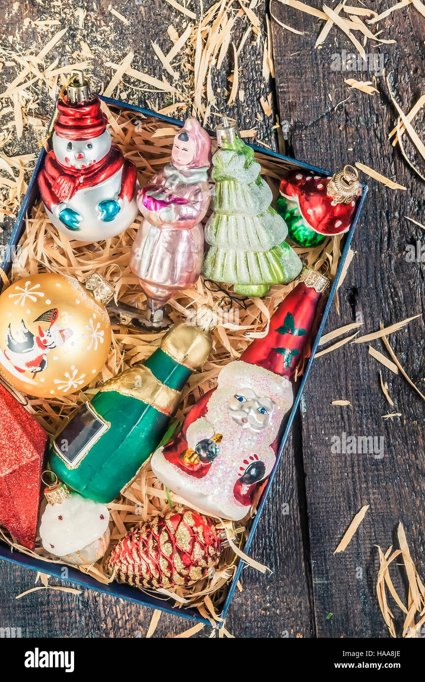 Box with vintage glass Christmas toys top view Stock Photo - Alamy