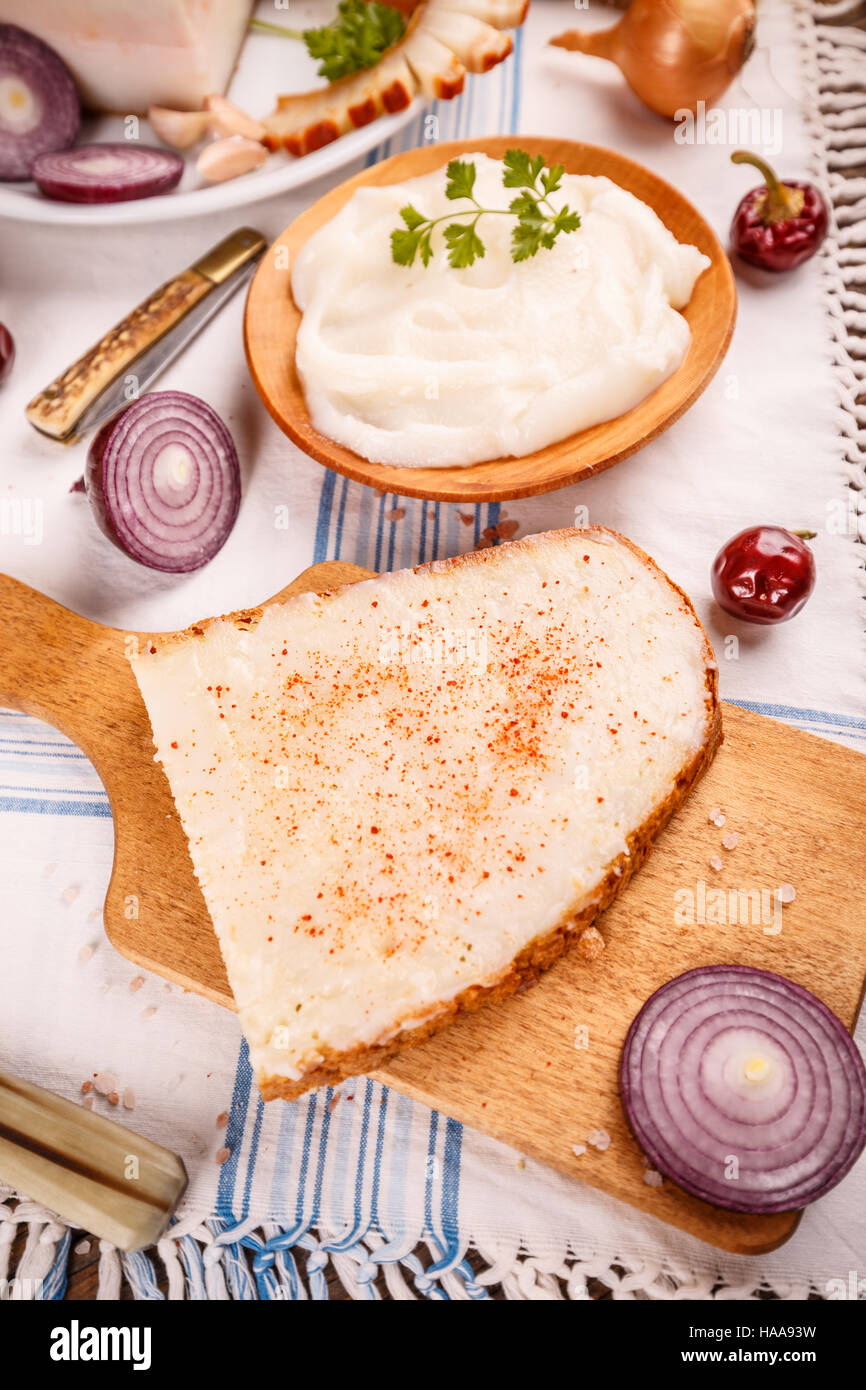 Bread with lard and paprika powder Stock Photo - Alamy