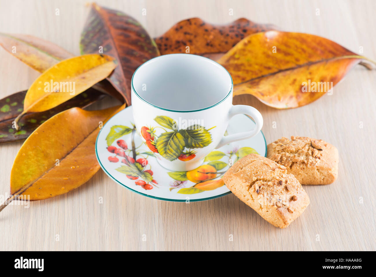 Tea cup and Magnolia Grandiflora leaf Stock Photo - Alamy