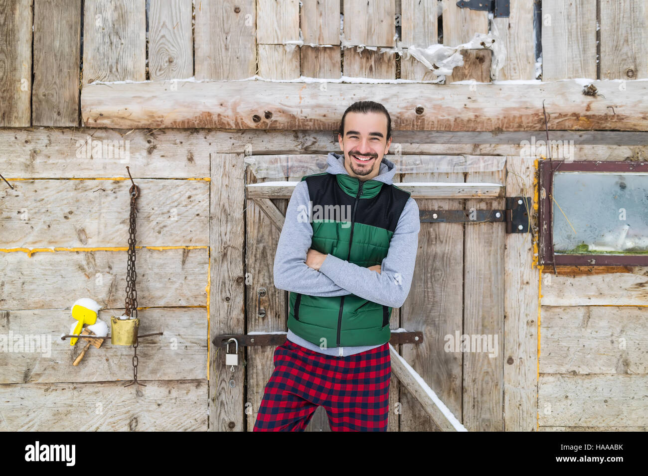 Young Man Village Wooden Country House Exterior Happy Smiling Guy ...