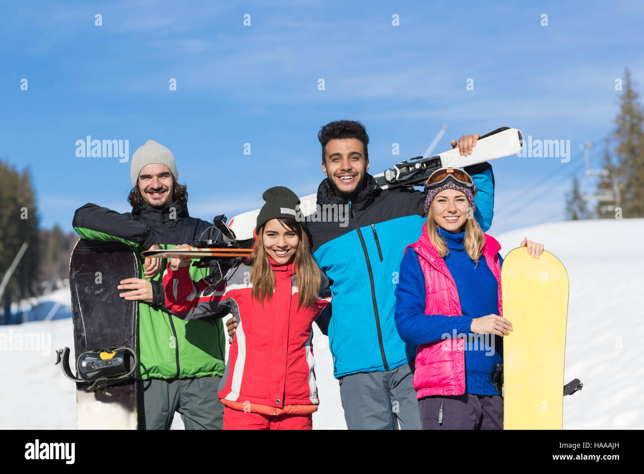 People Group With Snowboard And Ski Resort Snow Winter Mountain Friends ...