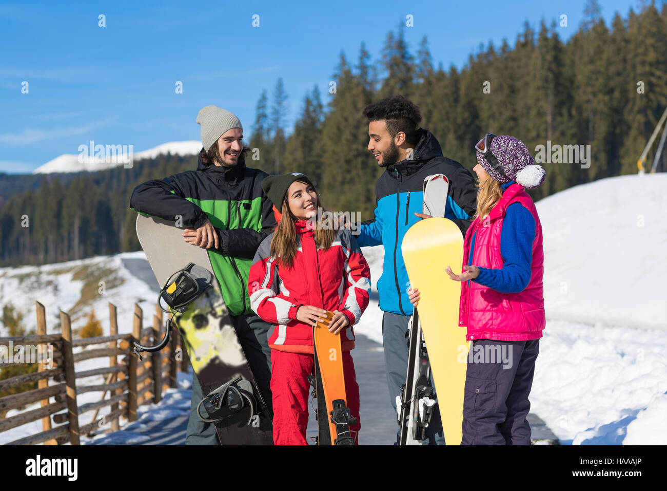 People Group With Snowboard And Ski Resort Snow Winter Mountain Friends ...