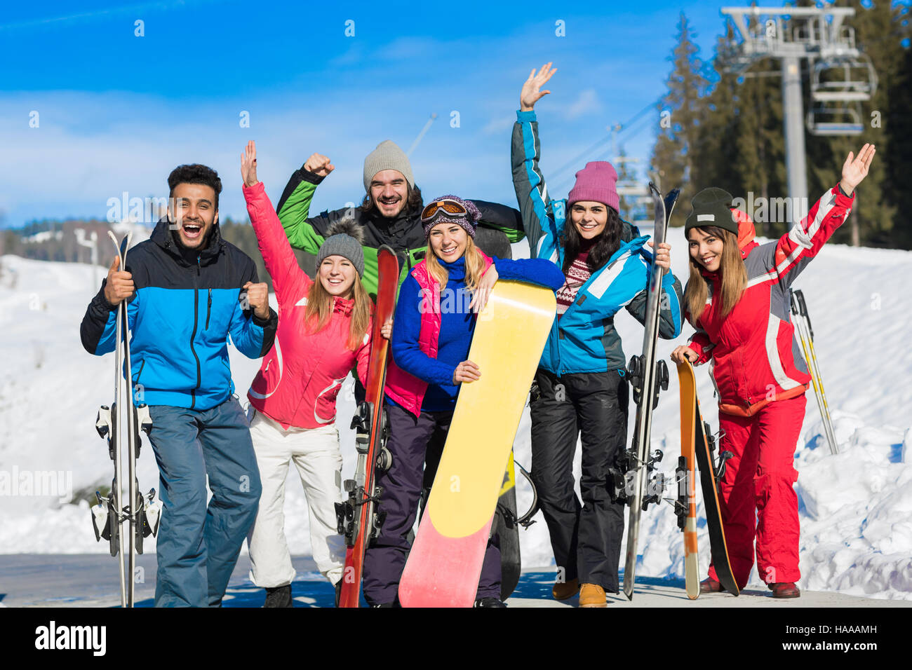People Group With Snowboard And Ski Resort Snow Winter Mountain ...