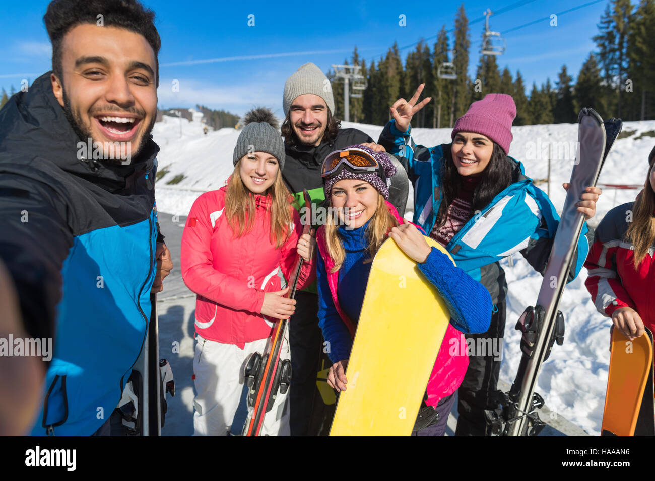 People Group With Snowboard And Ski Resort Snow Winter Mountain ...