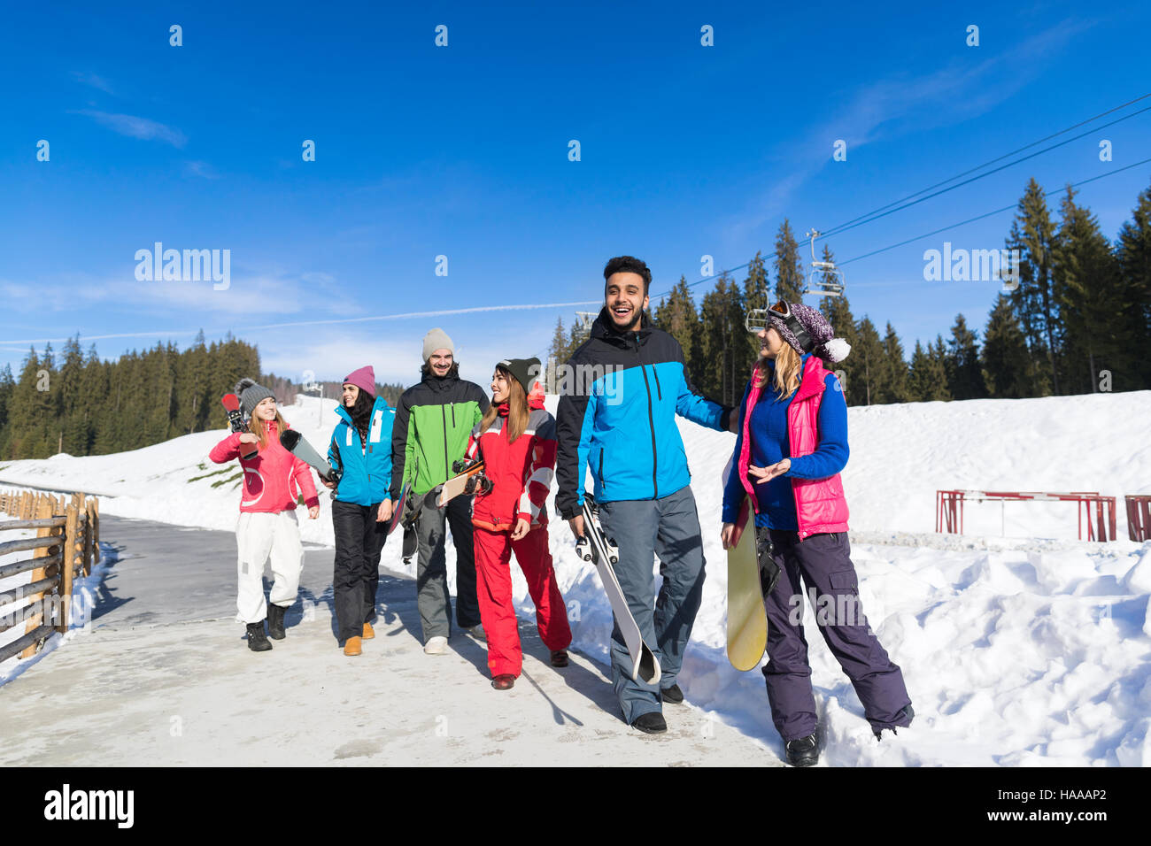 People Group With Snowboard And Ski Resort Snow Winter Mountain Friends ...