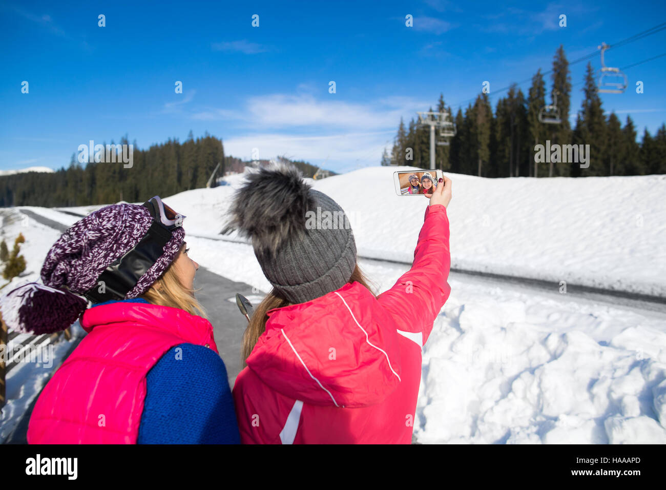 Two Girls Tourist Snowboard And Ski Resort Snow Winter Mountain Woman ...