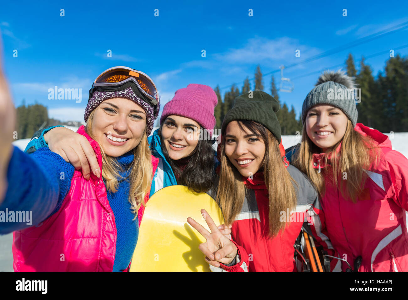 People Group With Snowboard And Ski Resort Snow Winter Mountain Girls ...