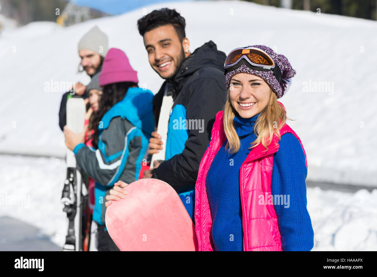 People Group With Snowboard And Ski Resort Snow Winter Mountain Friends ...