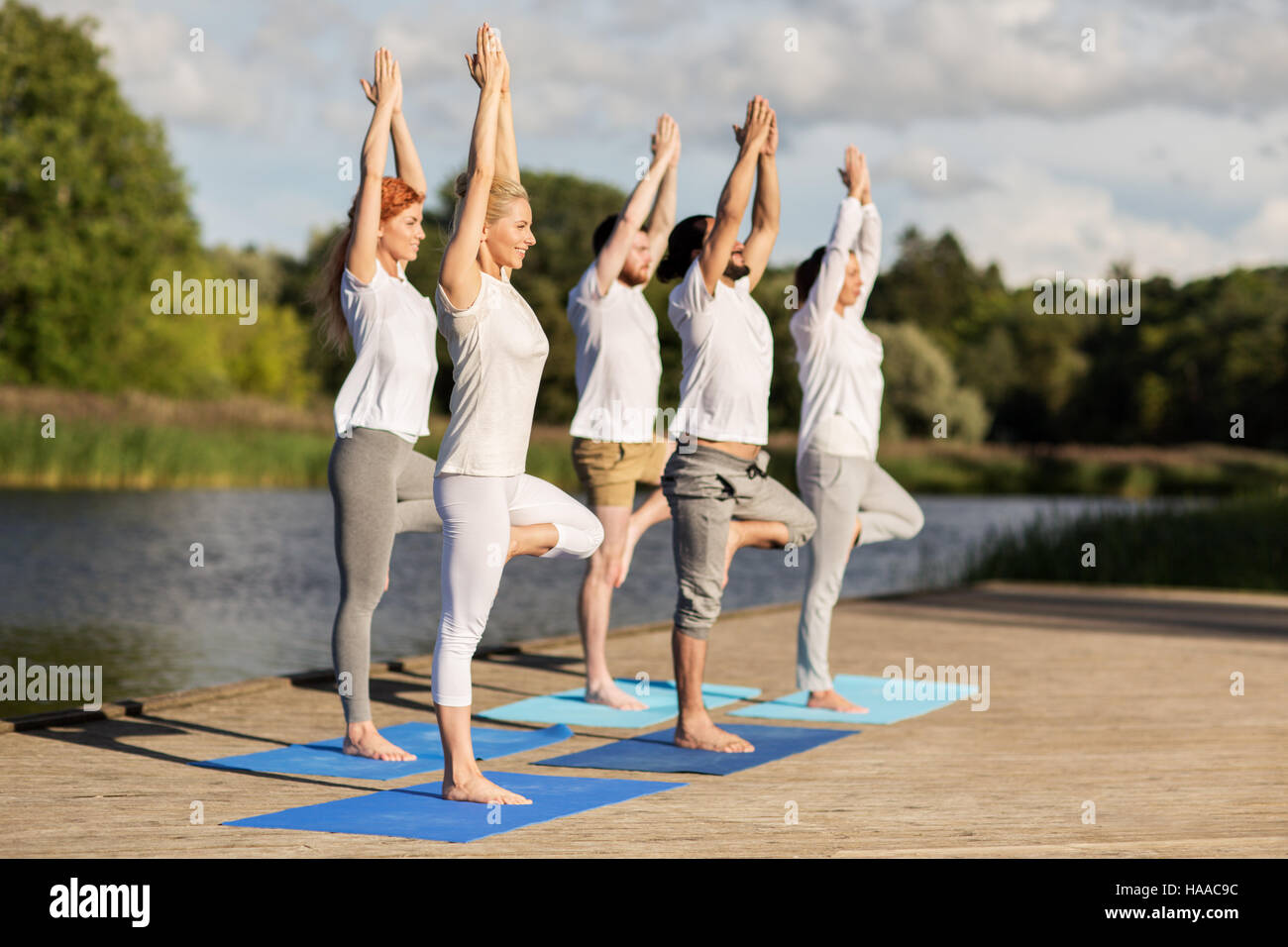 people making yoga in tree pose on mat outdoors Stock Photo - Alamy