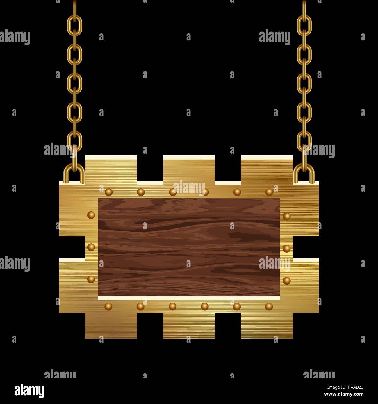 Blank wooden signboard with metallic border hanging on chain. Isolated ...