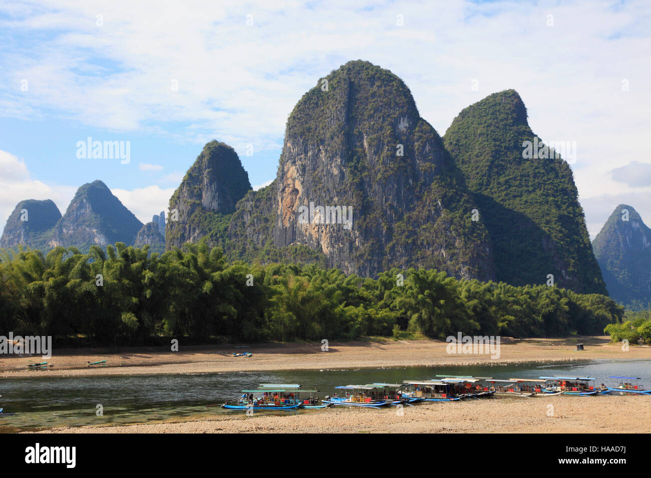 China, Guangxi, Xingping, Li River, karst landscape, limestone hills ...