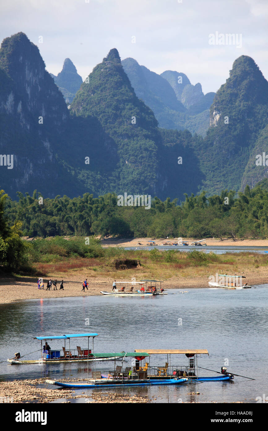 China, Guangxi, Xingping, Li River, karst landscape, limestone hills ...