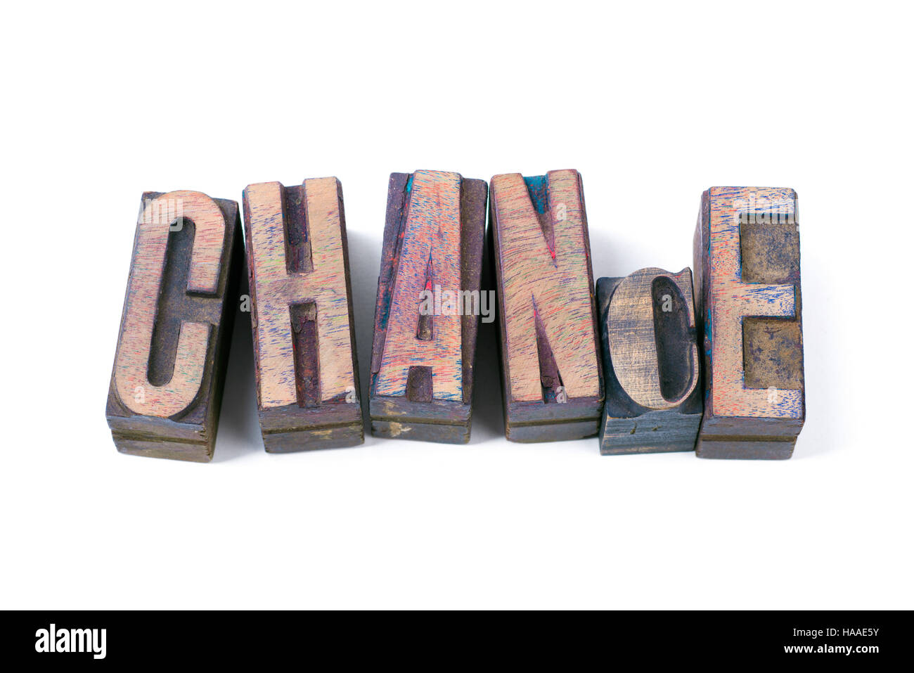 chance word made from scattered wooden letterpress type isolated on ...