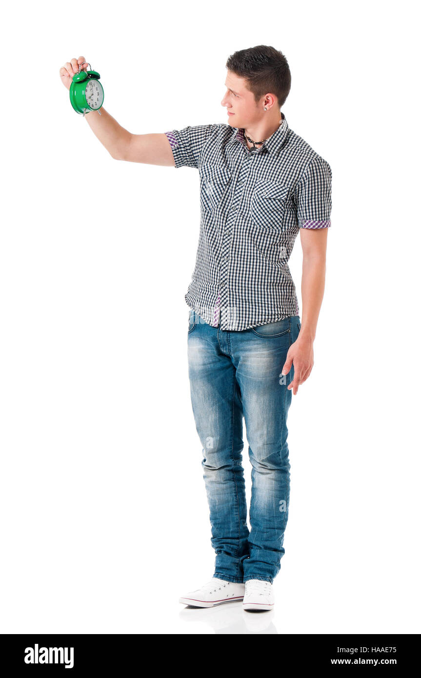 Man with alarm clock Stock Photo - Alamy