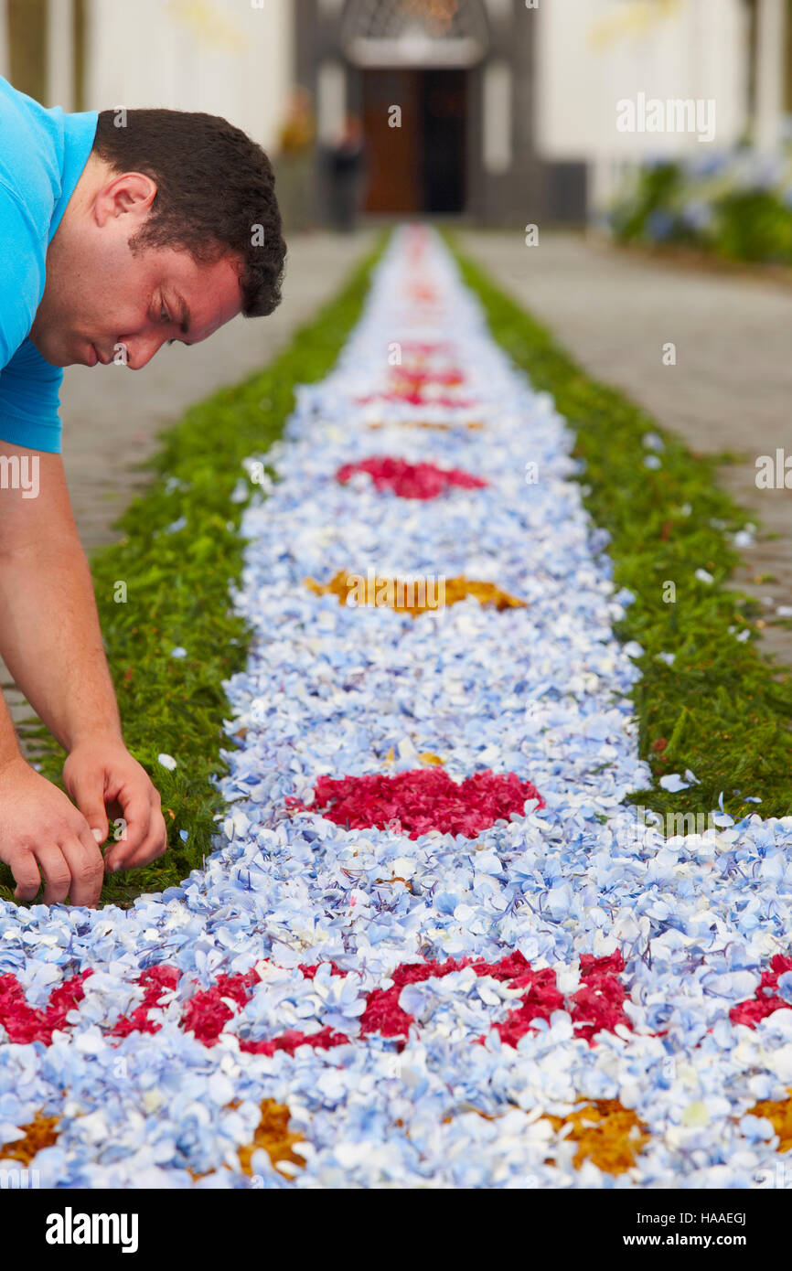 Traditional floral offering detail on a street. Sao Miguel island ...