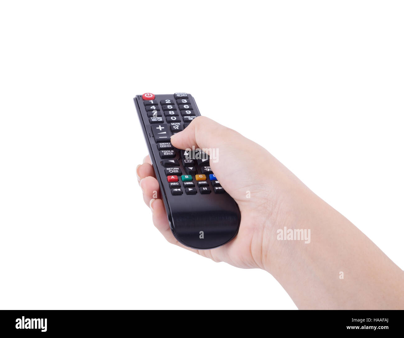 hand with tv remote control isolated on white background Stock Photo ...