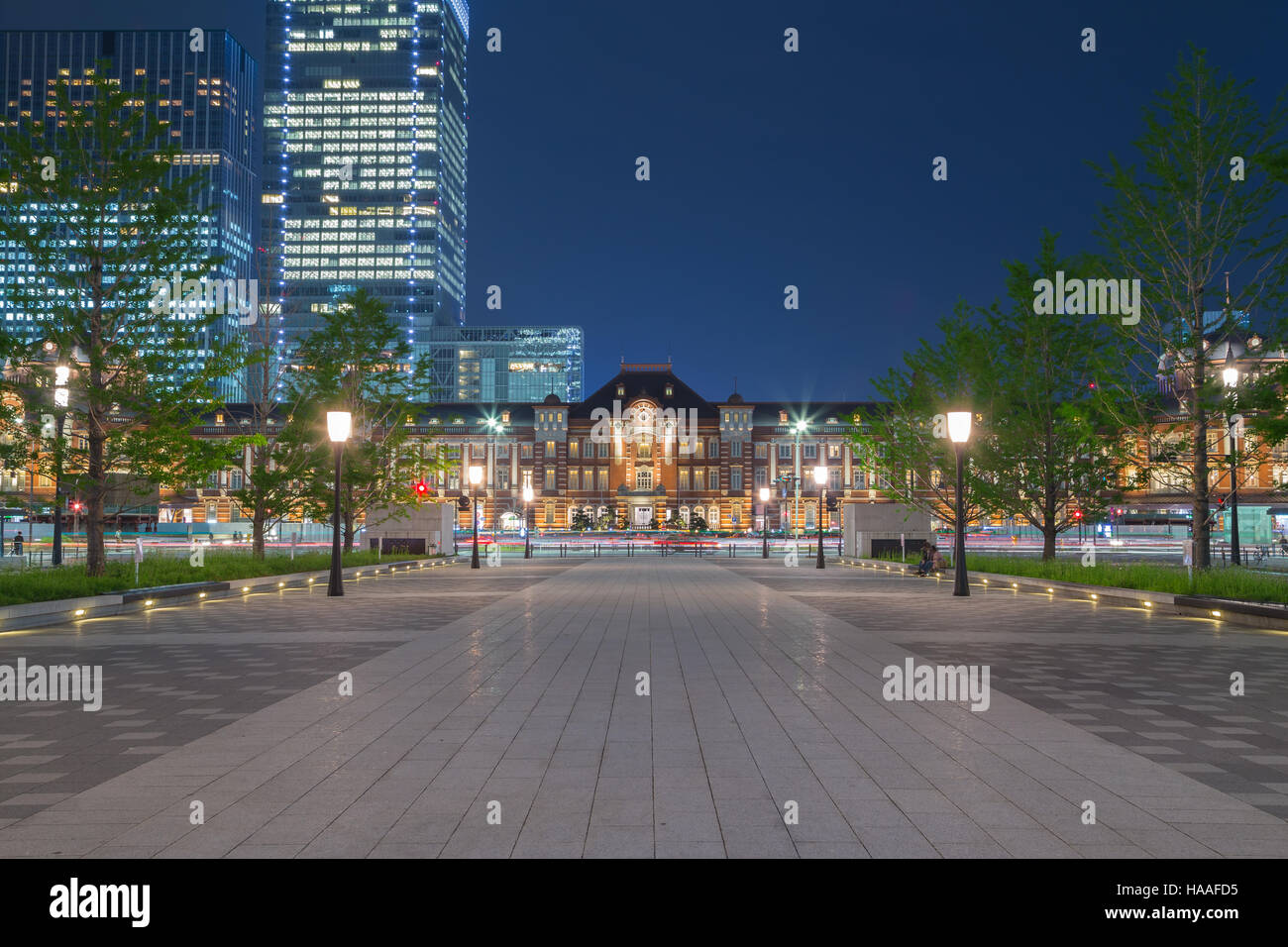 Walkway in front of Tokyo Station at night, Tokyo, Japan Stock Photo ...