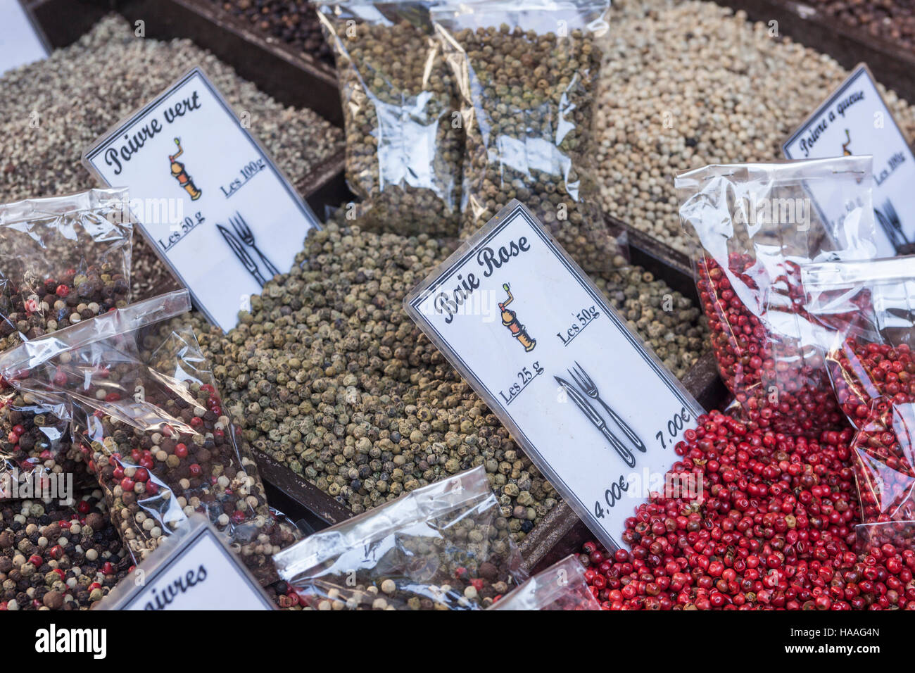 Various types of pepper on sale a French market Stock Photo - Alamy