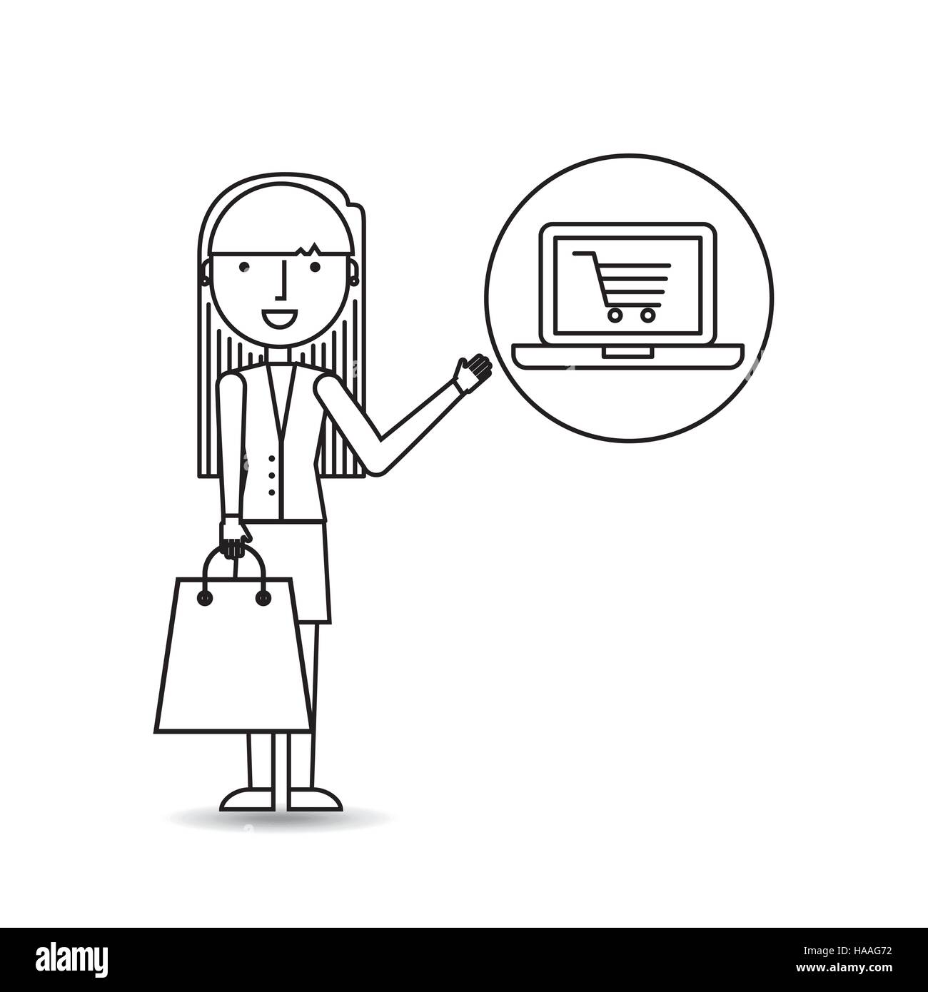 drawing girl shopping with laptop online vector illustration eps 10 ...
