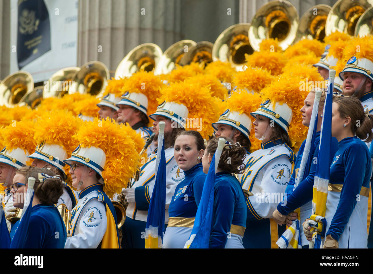 Members of the West Virginia University Mountaineer Marching Band pose ...