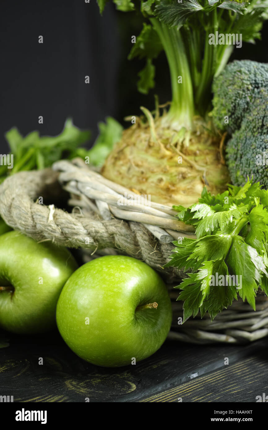 Green vegetables and fruits - celery, apples, celery root celeriac ...