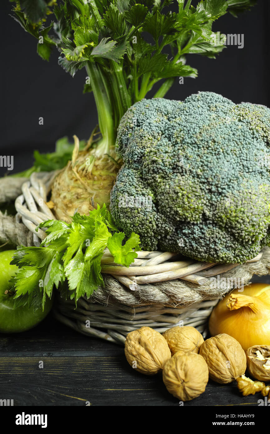 Green vegetables and fruits - celery, apples, celery root celeriac ...