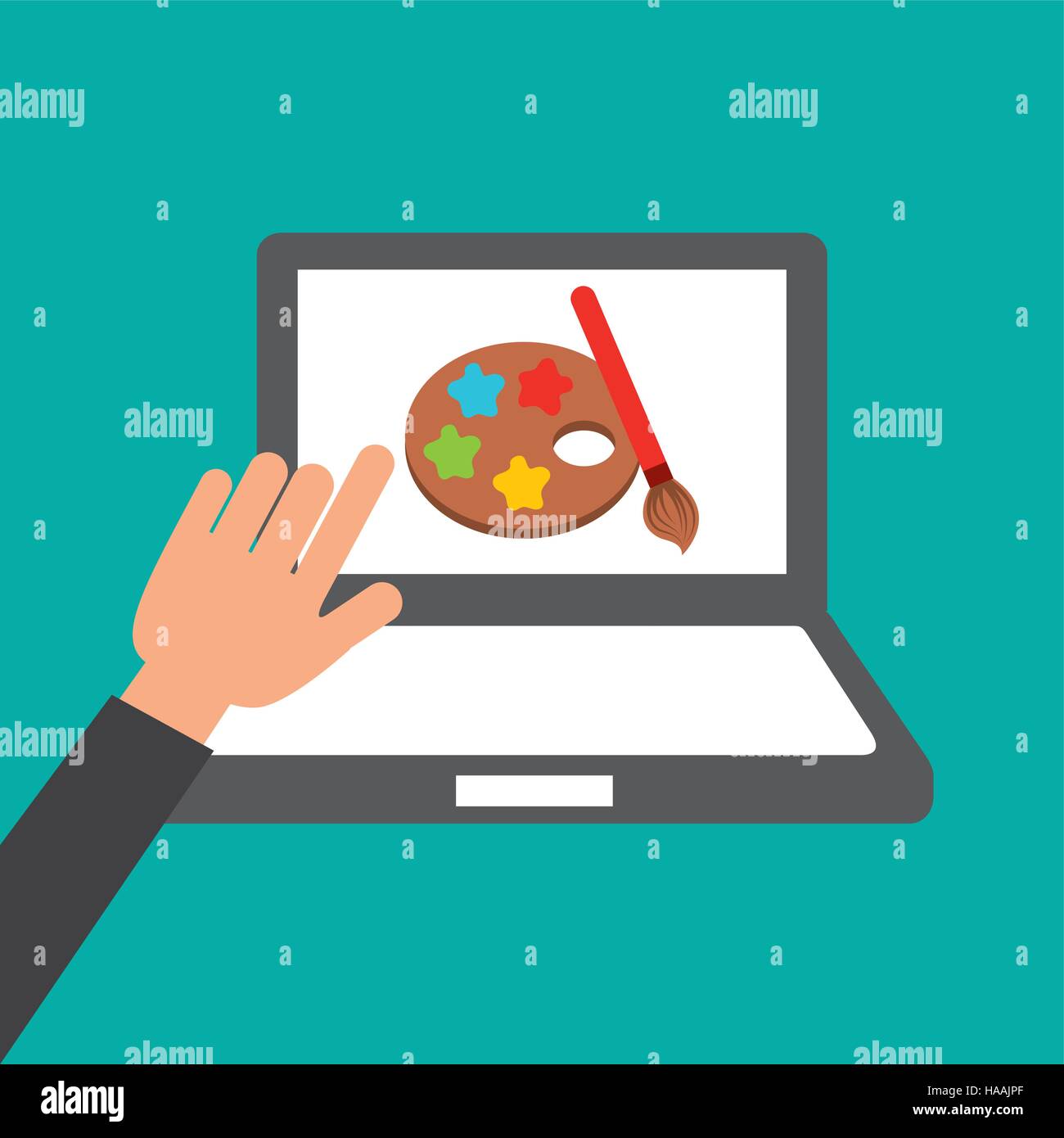 hands holds laptop-painting online education vector illustration eps 10 ...