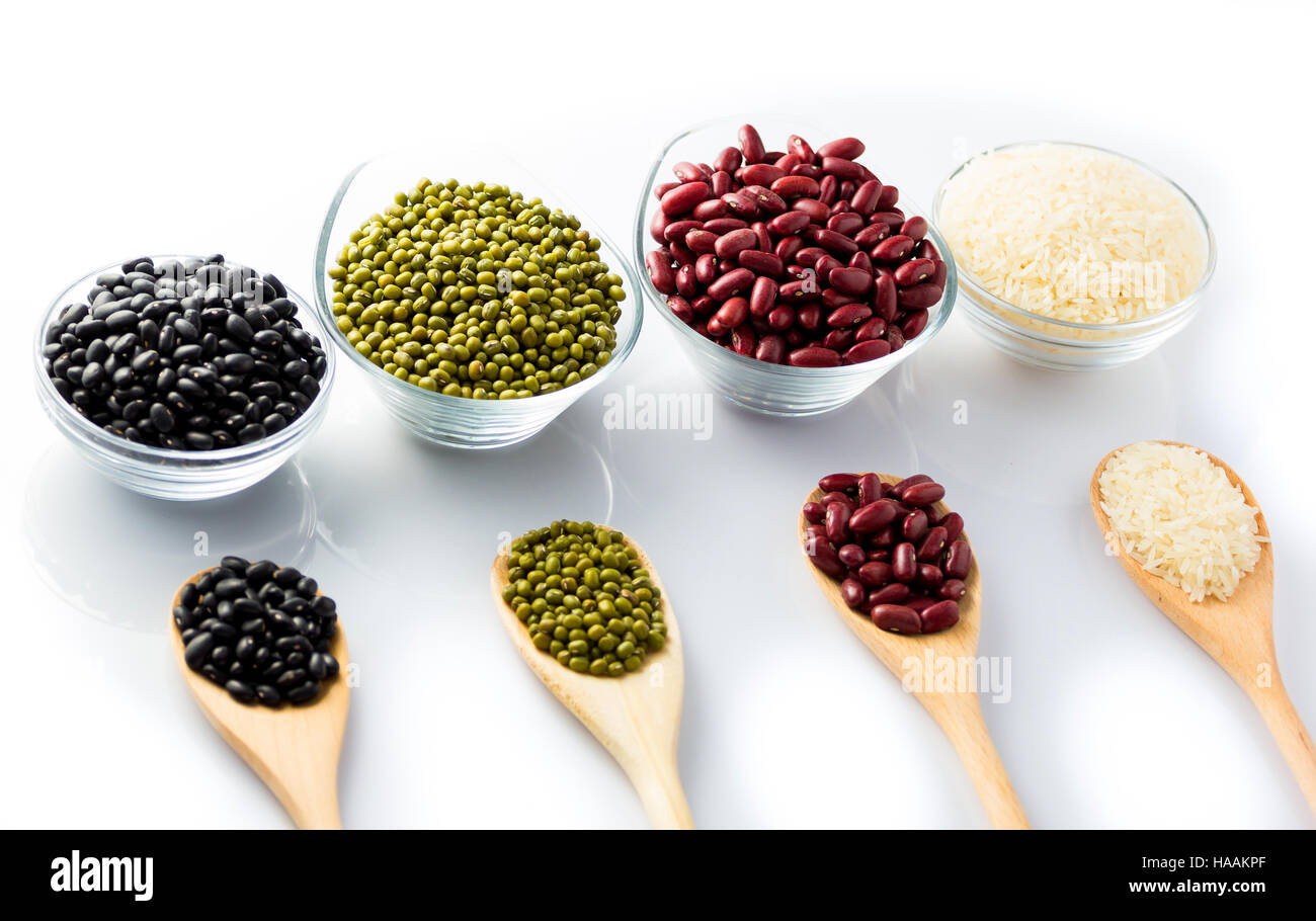 Different kinds of bean on white background Stock Photo - Alamy