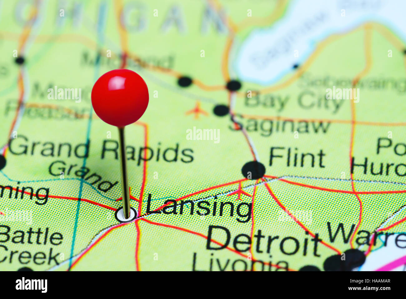 Lansing pinned on a map of Michigan, USA Stock Photo - Alamy