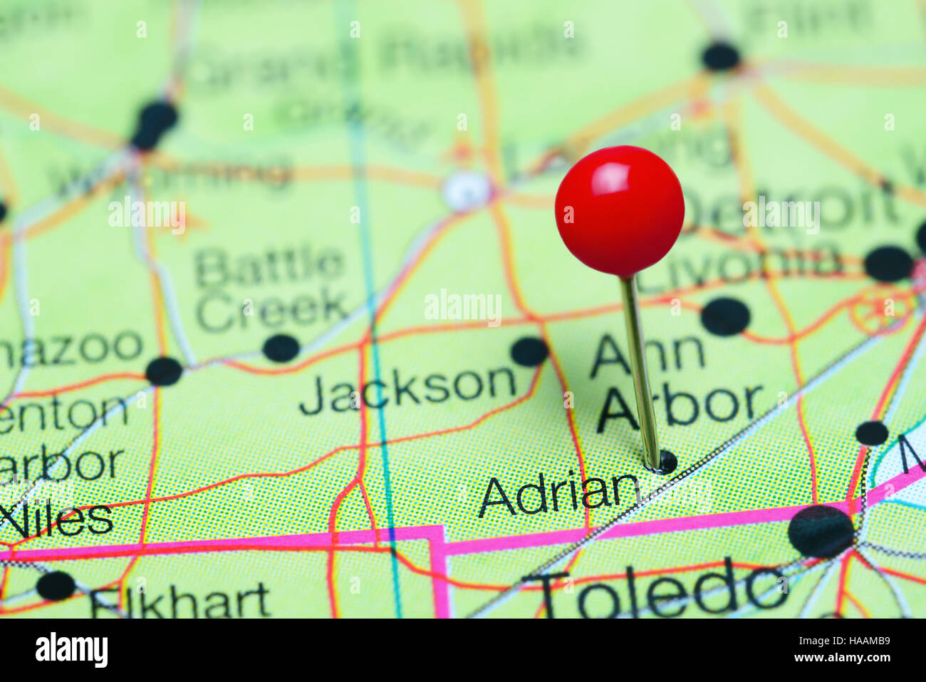Adrian pinned on a map of Michigan, USA Stock Photo - Alamy