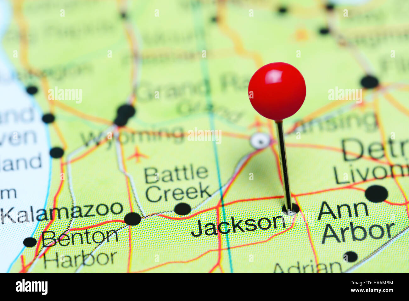 Jackson pinned on a map of Michigan, USA Stock Photo - Alamy
