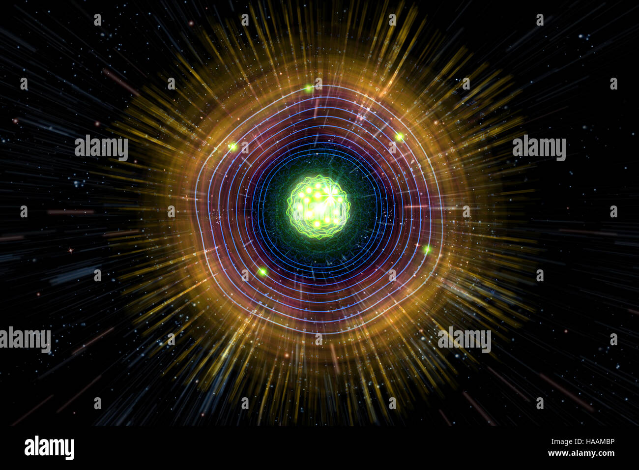 Close up of colorful neon atomic particle background, 3D illustration ...