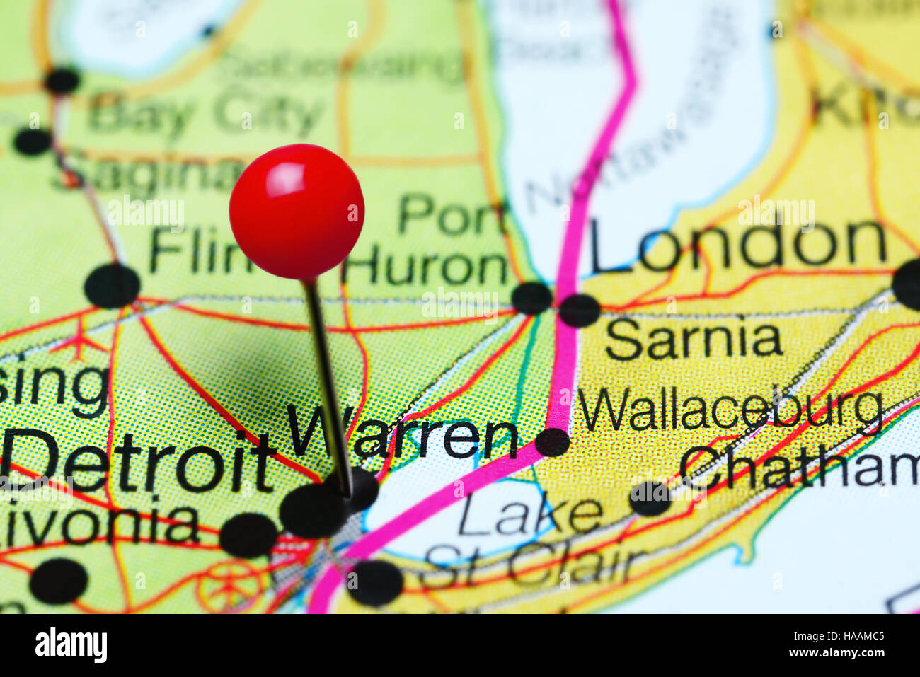 Warren pinned on a map of Michigan, USA Stock Photo - Alamy