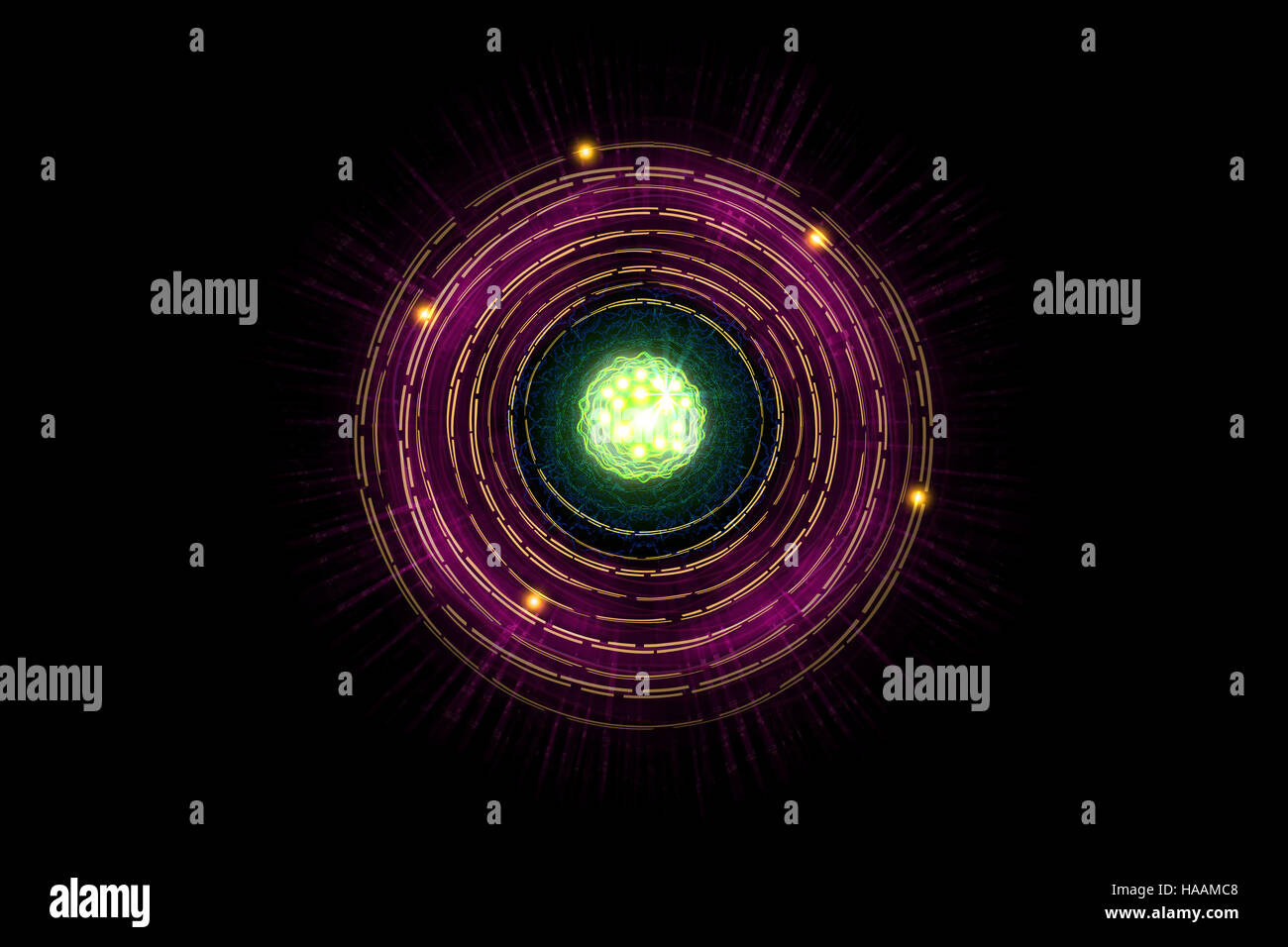 Close up of colorful neon atomic particle background, 3D illustration ...