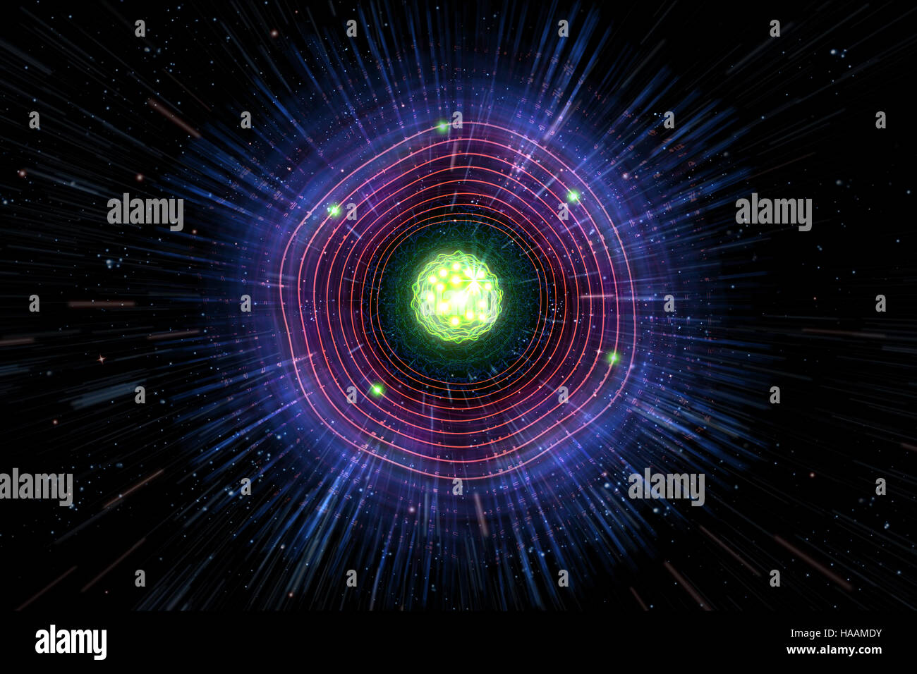 Close up of colorful neon atomic particle background, 3D illustration ...