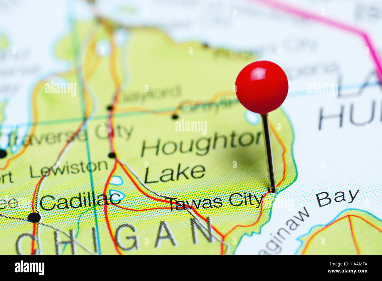 Tawas City pinned on a map of Michigan, USA Stock Photo - Alamy