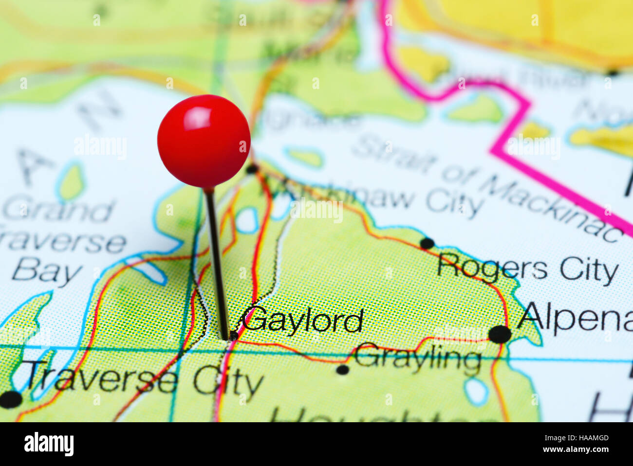 Gaylord pinned on a map of Michigan, USA Stock Photo - Alamy