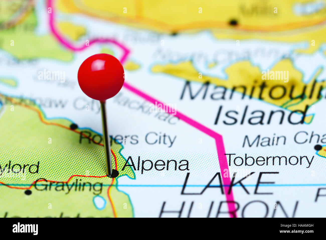 Alpena pinned on a map of Michigan, USA Stock Photo - Alamy