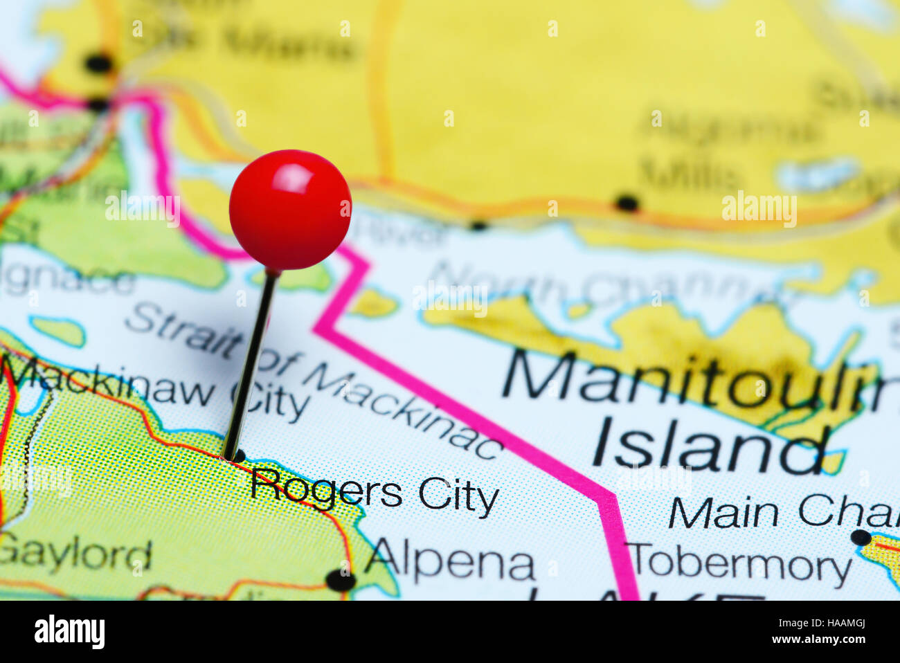 Rogers City pinned on a map of Michigan, USA Stock Photo - Alamy