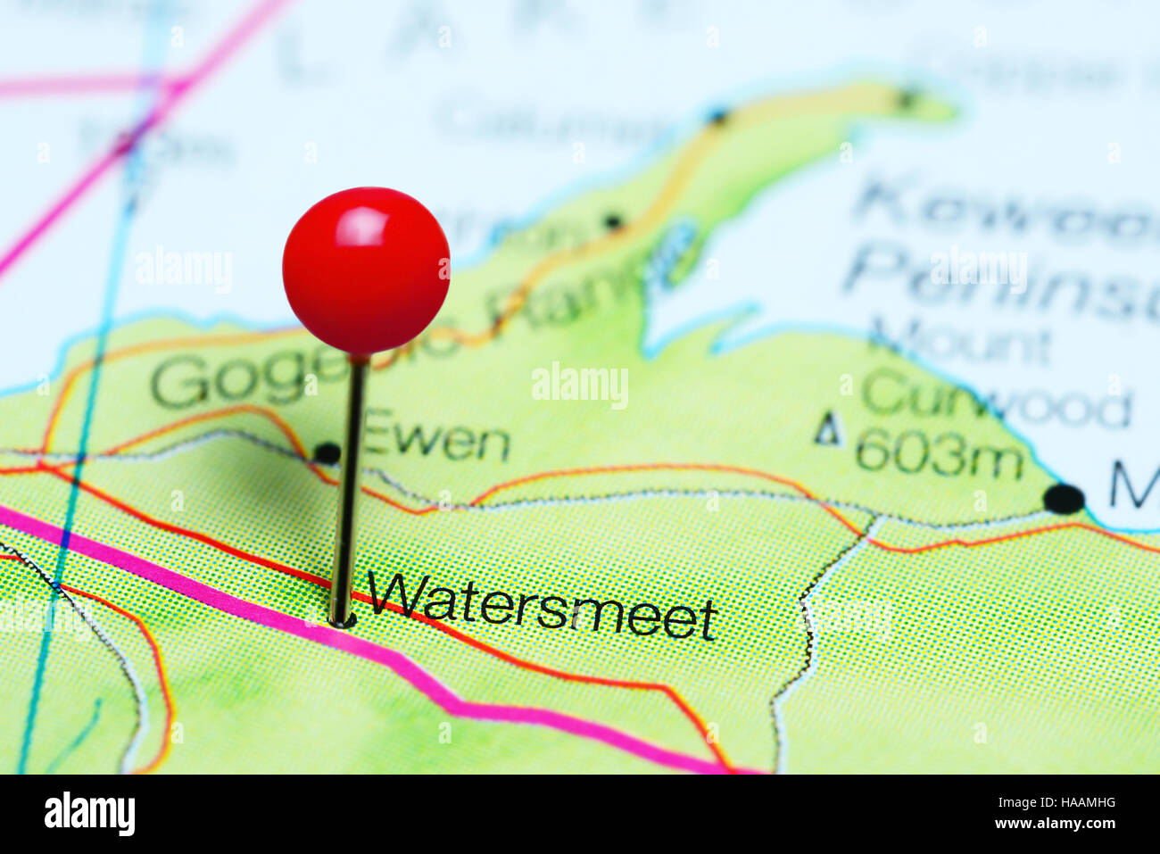 Watersmeet pinned on a map of Michigan, USA Stock Photo - Alamy